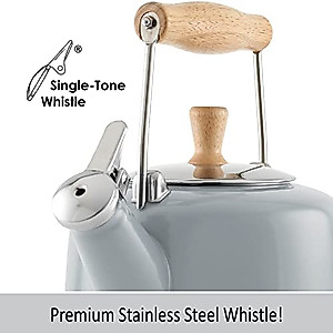 Chantal SVEN Enamel on Steel Whistling Teakettle with Natural Wood handle, 1.4 quarts (Fog Grey)