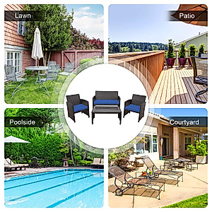 Toolsempire Outdoor Furniture Set with Water-Resistant Cushion & Tempered Glass Table, 4 Pieces Wicker Conversation Set with Ergonomic Curved Design, Outdoor Rattan Chair for Balcony, Porch(Navy Blue)