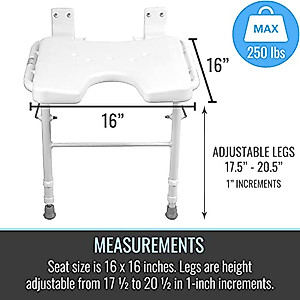 HealthSmart Wall Mount Fold Away Bath Chair Shower Seat Bench with Adjustable Legs, FSA and HSA Eligible, Seat 16 x 16 Inches, White