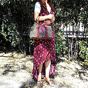 Boho Tassel Leaf Charm Aztec & Stripe Print Canvas Satchel Tote Handbag Purse (Embroidered Satchel - Black)