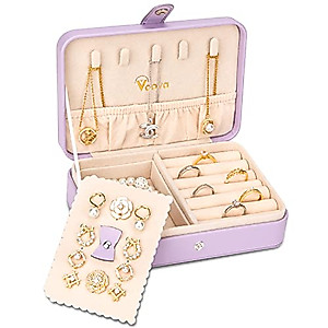 Voova Small Jewelry Organizer Box, Travel Jewelry Case for Women Teen Girls, Mini PU Leather Portable Jewellery Storage Boxes Holder with Smart Earrings Plate for Necklaces Rings Bracelets, Lavender