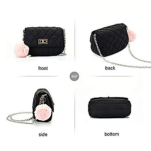 JSTRIVE Cute Purses for Teen Girls Small Purse and Quilted Crossbody bags for Women with Chain Strap, Nylon Lightweight, 8” Black