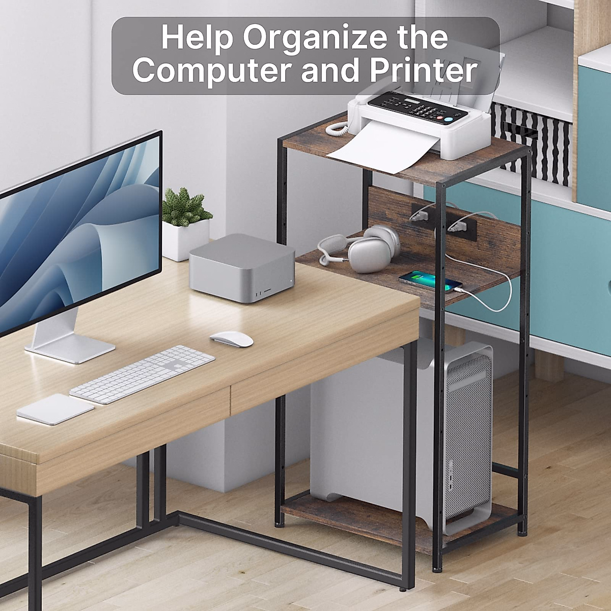 CCCEI Black Computer Tower and Printer Stand with Charging Station, 3 Outlets and Fast Charging USB Ports, 3 Tier Movable Storage Shelf, Tall PC Case or Scanner Table 39 Inches High for Small Office.