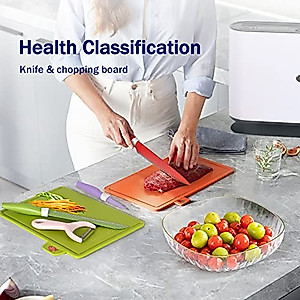 Smart Cutting Board and Knife Set with Stand, Knife Block Holder, Self Cleaning Chopping Board for Kitchen/Outdoor Camping, 4 Knives, 2 Color Chopping Boards, USB/Solar Charging, Portable and Clean