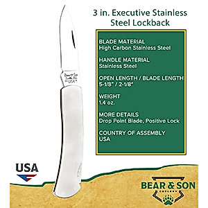 Bear & Son Stainless Frame Lock Folding Knife, 2-1/8" High Carbon Stainless Steel Drop Point Blade, 100% Stainless Steel Construction (125)