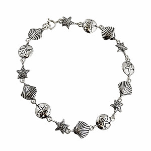 FashionJunkie4Life Sterling Silver Beach Bracelet, 7.5" Length, Sand Dollar Starfish Seashell Pattern