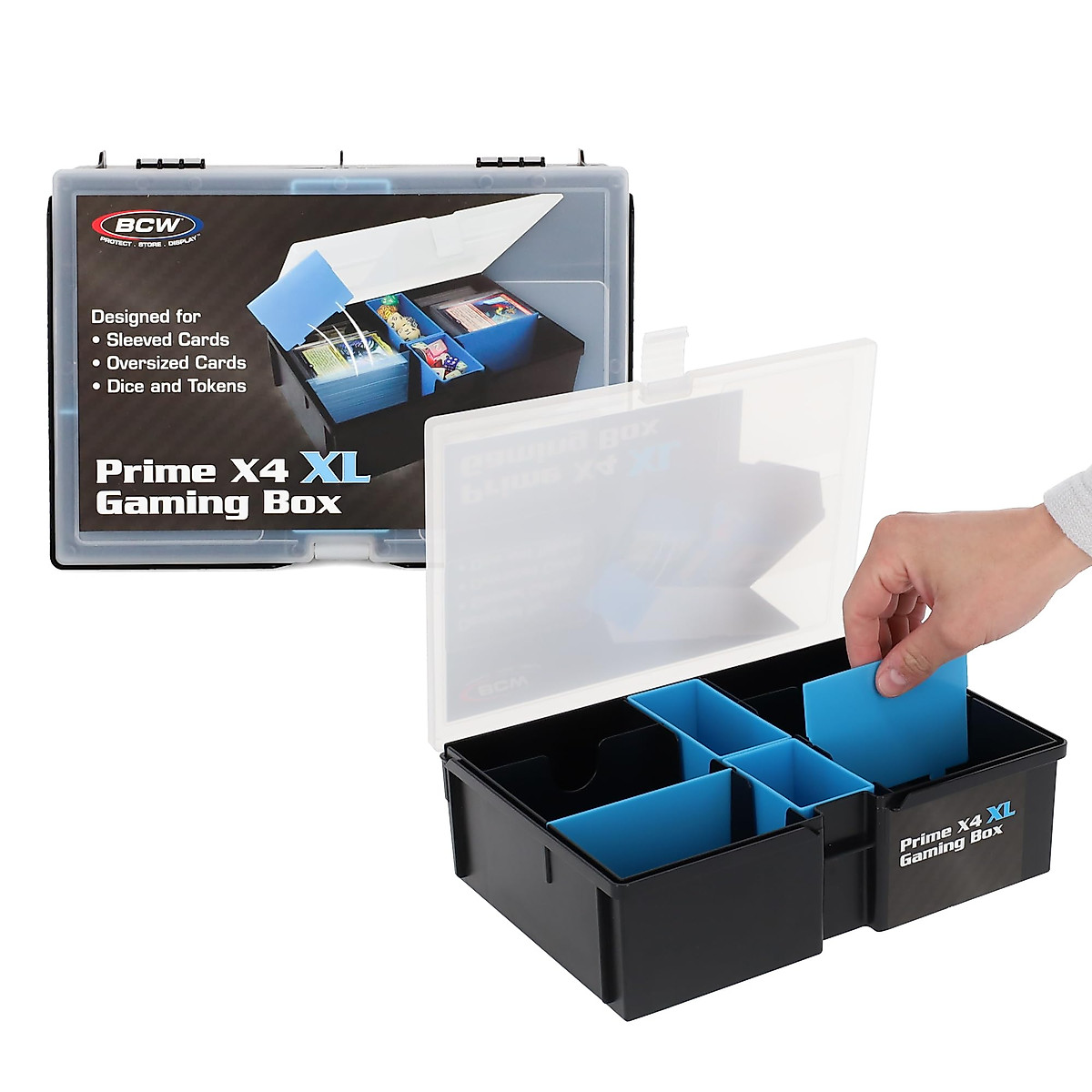 BCW Prime X4 XL Gaming Box | Playing Card Storage Box for Decks and Game Accessories, Includes Removable Dividers and Dice Trays | Trading Card Storage Box for Gaming | Pokemon, MTG, Naruto Cards