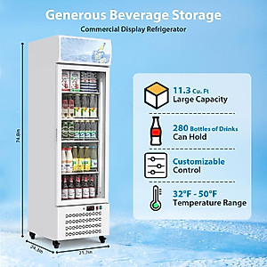 ExploreHorizon Commercial Display Beverage Fridge with Glass Door Display Refrigerator Drink Cooler Case Fridge 11.3 Cu.Ft/320L Merchandiser Refrigerators with 4 Adjustable Shelves Lightbox, White