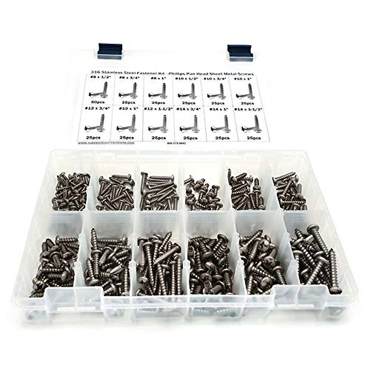 316 Stainless Steel Phillips Pan Head Sheet Metal Screw Assortment Kit Sizes #8 Through #14-326 Pieces
