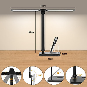 Woputne Desk Lamp, Dual Head Desk Light, 5 Lighting Colors & 10 Brightness Reading Light, LED Desk Lamp for Home Office, Table Lamp for Bedroom Desktop, Study, Craft, Black