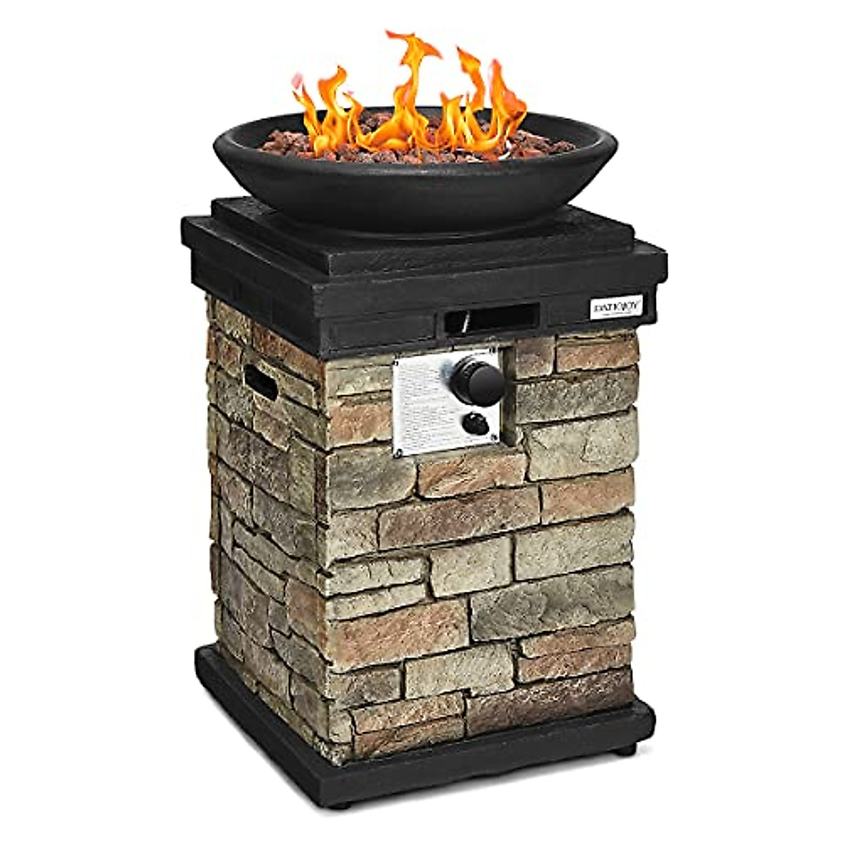 COOURIGHT Outdoor Propane Fire Bowl Column, 30” Stone Look Gas Burner Stove w/ Rain Cover Lava Rock, 40,000 BTU Tall Gas Burning Fire Pit Table for Patio Garden Outside, CSA/ETL Approved (Natural)