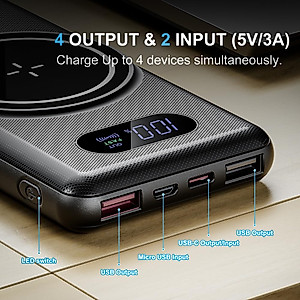 YUMGOOD Magnetic Power Bank for iPhone, 10000mAh Wireless Fast Charging Portable Charger, USB C PD 20W QC3.0 4Output Slim External Battery Pack for iPhone 15 14 13 12 Pro Max/Pro/Plus/Mini