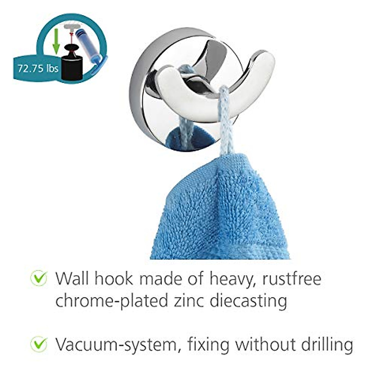 WENKO, Chrome, Towel Vacuum-Loc System, No Drilling Wall Hook, Rustfree, Dimensions 1.57 x 2.56 x 2.36 in, 4x6,5x6 cm