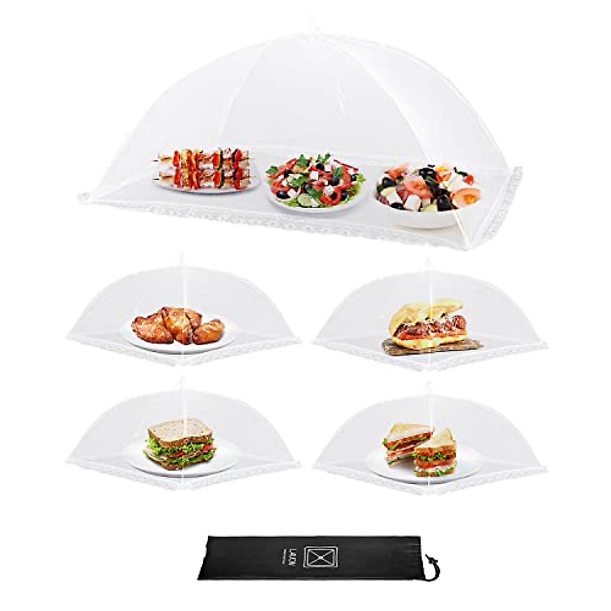 Lauon Food Covers, 1 Extra Large (40"X26") & 4 (17"X17"), 5 Pack White Mesh Plate Serving Tents, Pop-Up Umbrella Screen Tents, Jumbo Food Net for Outdoor Picnics Parties BBQ, Collapsible and Reusable