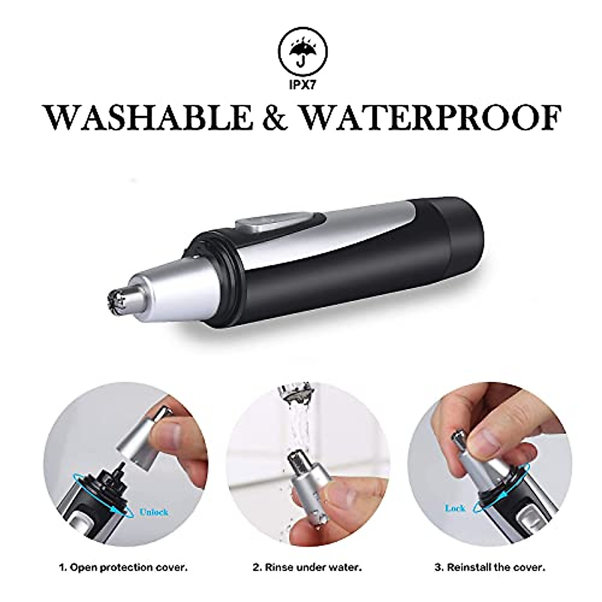 BESTRONG Ear and Nose Hair Trimmer - Painless Eyebrow & Facial Hair Trimmer for Men Women, Professional Water Resistant Nose Hair Remover with Dual Edge Blades, Battery-Operated & LED Light