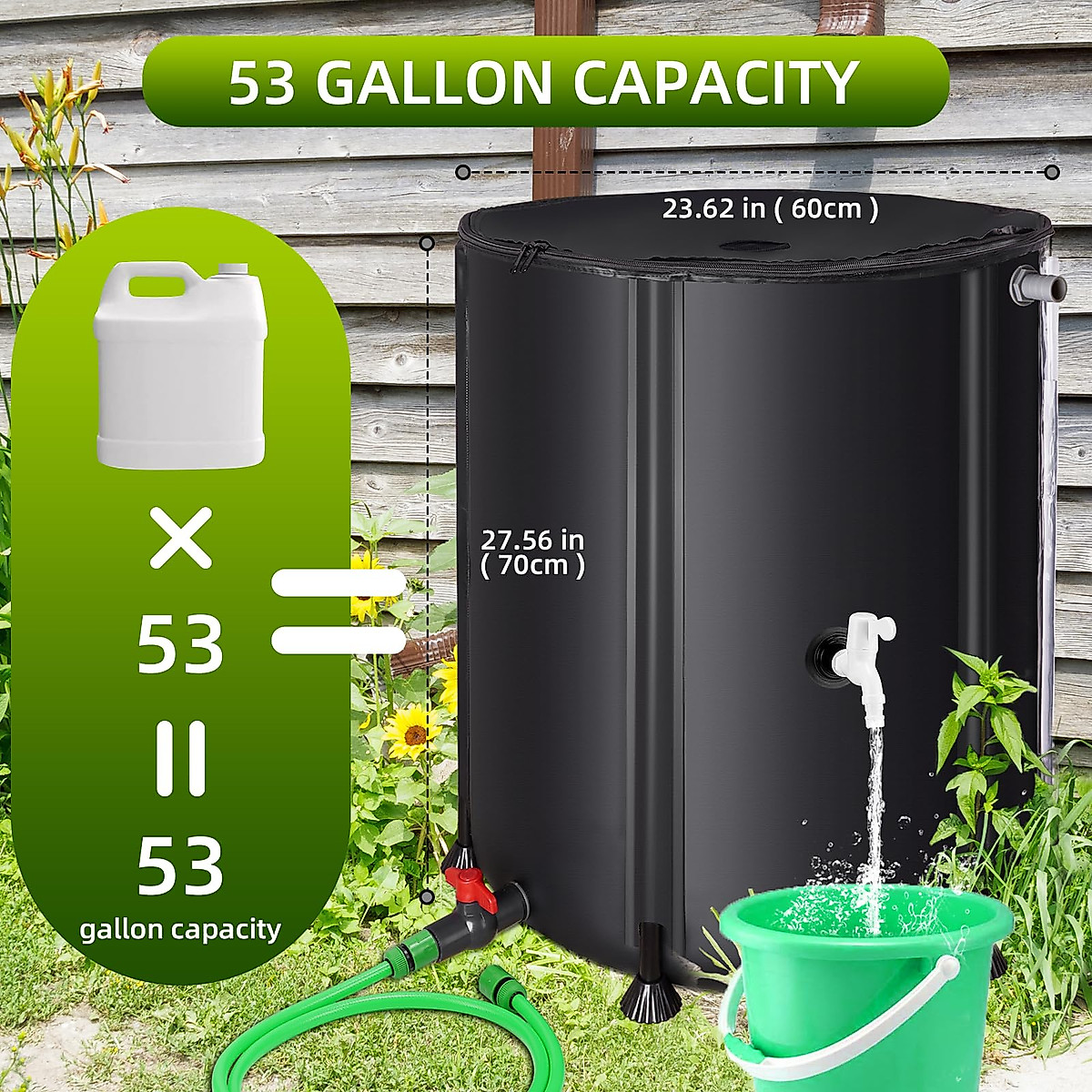 Rain Barrel Water Collection System 53 Gallon - Collapsible Portable Water Storage Tank,Rainwater Collect System Downspout, Water Catcher Container with Filter Two Spigots and Overflow Kit