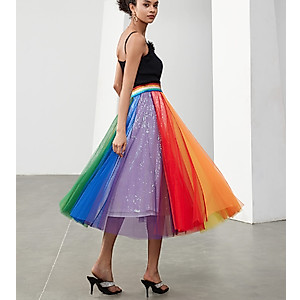 Dwirapal Sequin Long Tulle Skirt 4 Layered Flowy Fairy Sparkle Party Mesh Tea Length Big Hem Skirts for Women