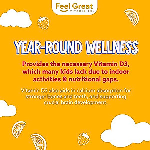 Feel Great Kids Vitamin D3 1000 IU Gummies | Kids Vitamin D Gummies for Healthy Bones, Mood, & Immune Support | Citrus Flavored Vegetarian D3 Gummies | 90 Day Supply