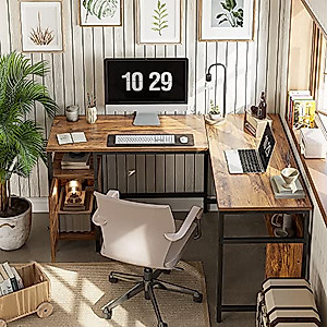 CubiCubi L Shaped Desk with File cabinets, 59.1 Inch Corner Computer Desk, Home Office Gaming Writing Workstation with Storage Shelves, Deep Brown