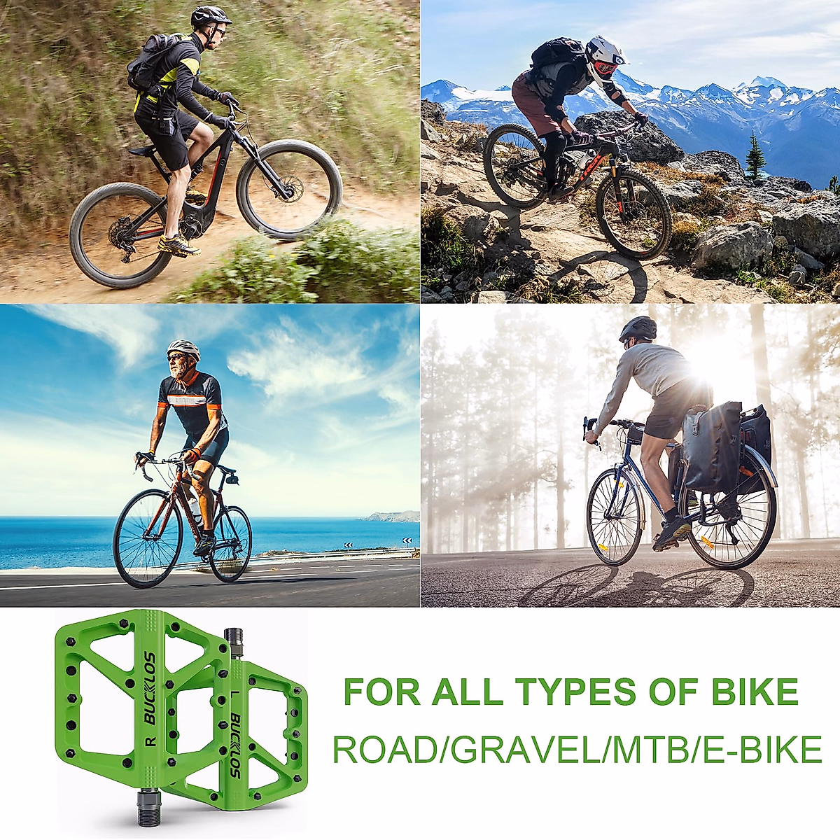 BUCKLOS Mountain Bike Pedals MTB Pedals Flat, Bicycle Road Bike Adult Large Platform Pedal with Non-Slip Grips for Gravel/Ebike/Hybrid Bikes/Beach Cruiser(9/16 Nylon Green)