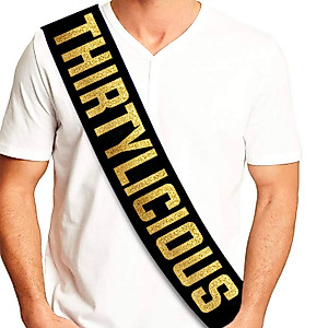 Thirtylicious Black and Gold Glitter Satin Sash - Happy 30th Birthday Party Supplies, Ideas and Decorations