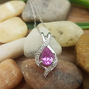 Dazzlingrock Collection 9x6 mm Pear Lab Created Pink Sapphire & Round White Diamond Swirl Teardrop Pendant with 18 inch Silver Chain for Women in 14K White Gold