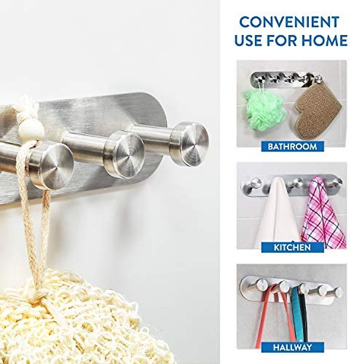 Tatkraft Jane Self Adhesive Hooks, Wall Mount Stainless Steel Hanger, Ideal Holder for Towel and Bath Robe, Easy to Install, Perfect for Bathroom, Kitchen, Office, Corrosion Resistant