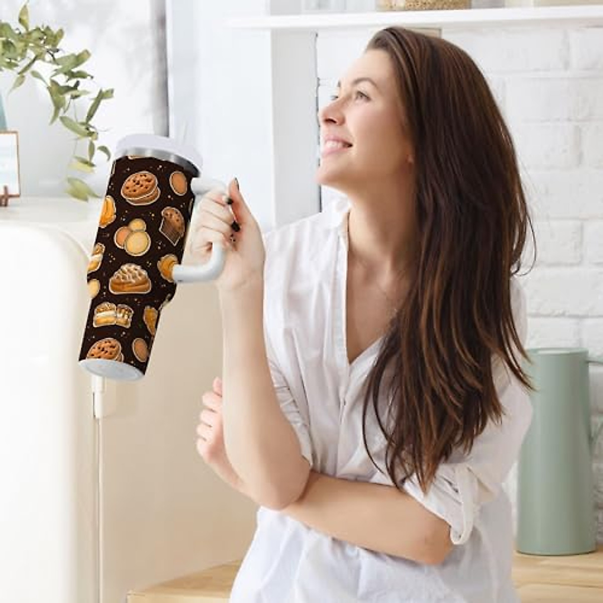 ARGTILDN 40 oz Tumbler Bread Cookie Cupcakes Insulated Travel Mug with Handle and Straw Lid Stainless Steel Vacuum Coffee Cup Tea Beverage Container Water Bottles for Car Sports office