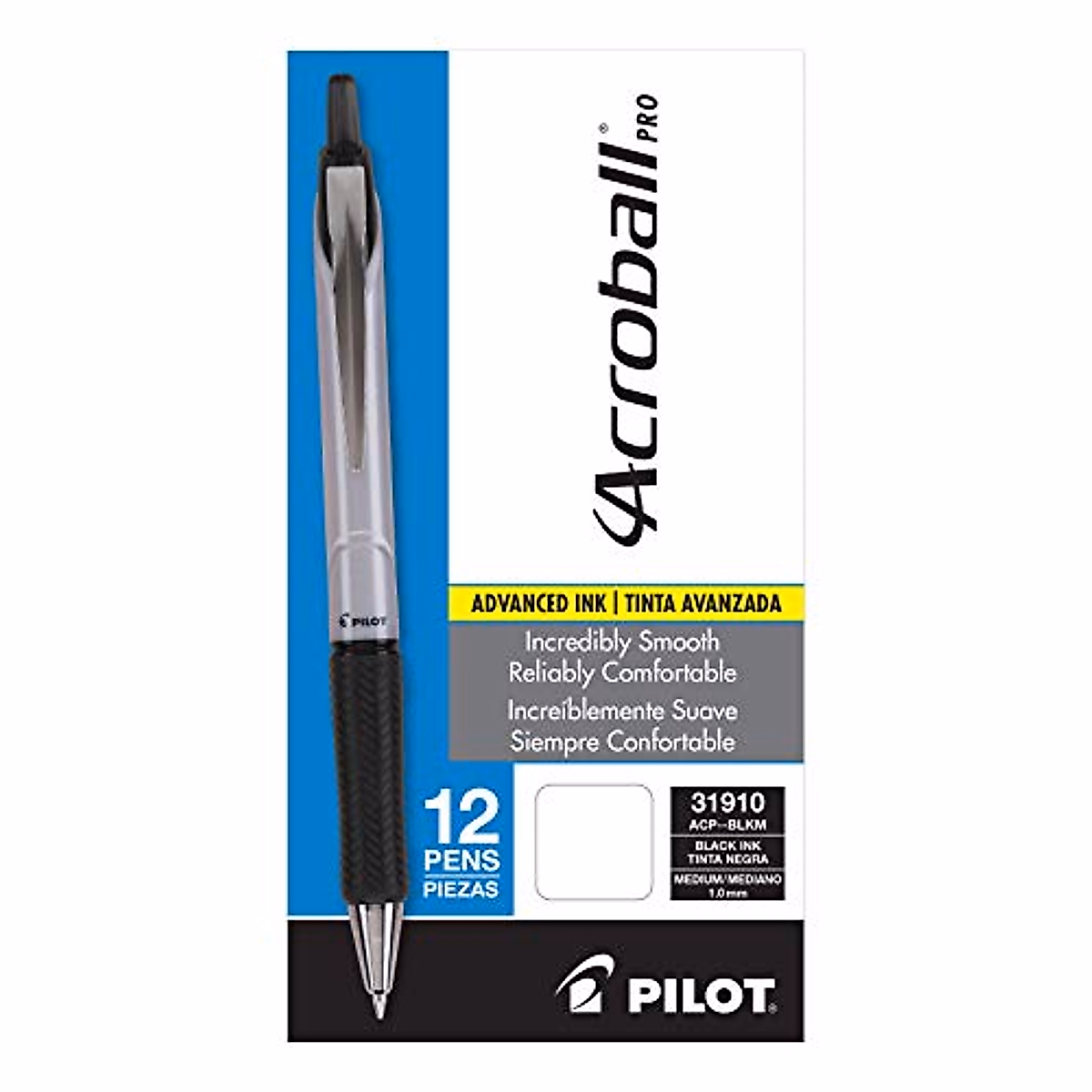 PILOT Acroball Pro Advanced Ink Refillable & Retractable Ball Point Pens, Medium Point, Black Ink, 12-Pack (31910)