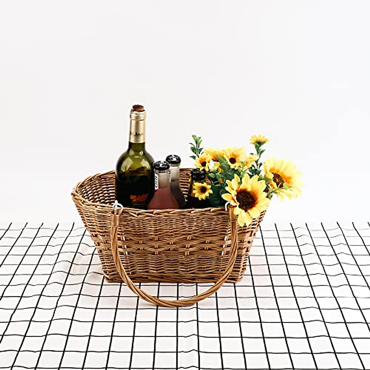 YAHUAN Rectangular Wicker Storage Baskets with Collapsible Handles, Hand Woven Wicker Basket for Shopping Picnic Garden Easter Candy