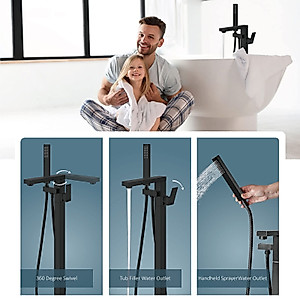 Aolemi Matte Black Freestanding Bathtub Faucet Floor Mount Tub Filler Single Handle Brass Tap with Hand Shower and Swivel Spout