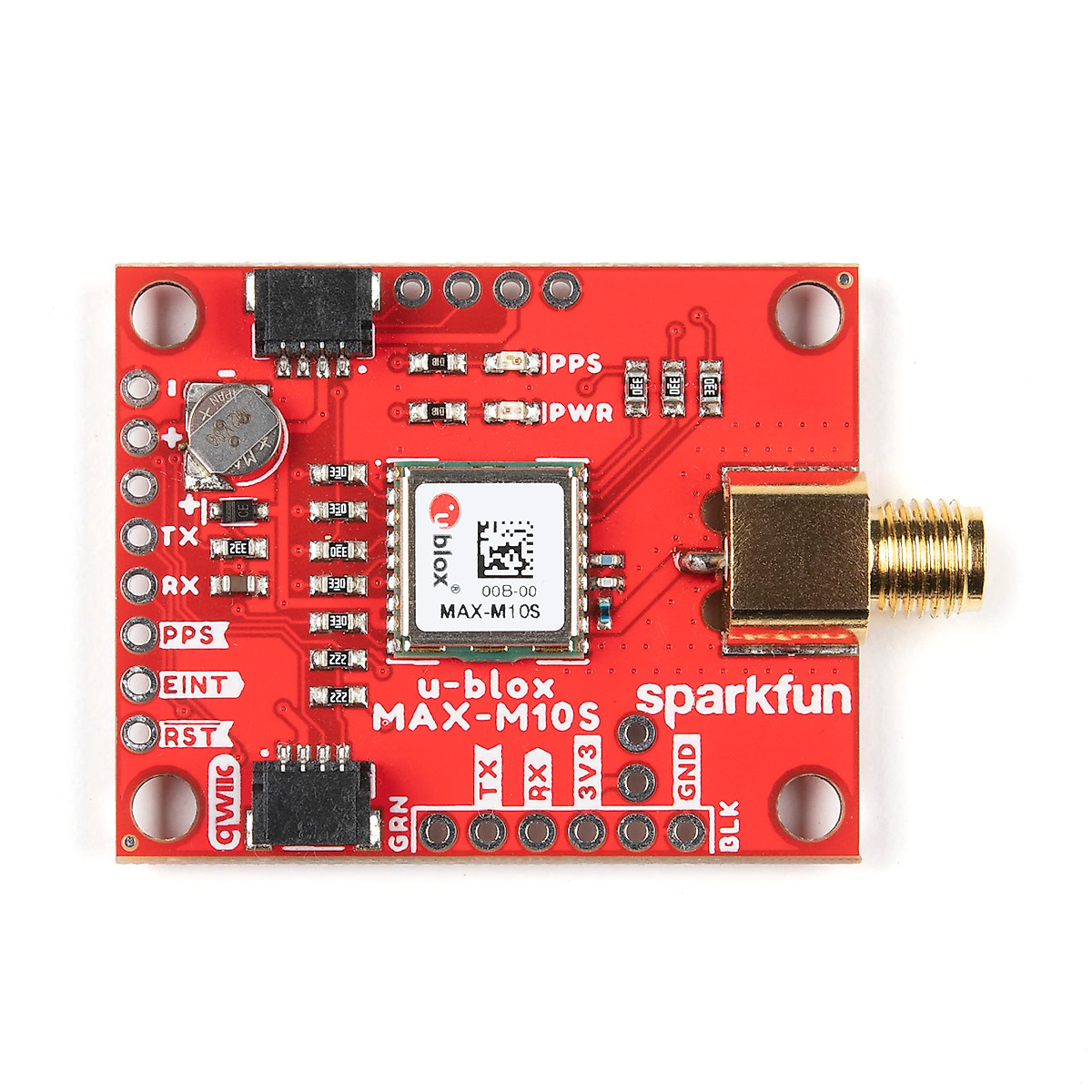 SparkFun GNSS Receiver Breakout - MAX-M10S Module 3.3V VCC and I/O Software Configurable Board Dimensions: 1.74"in x 1.20"in
