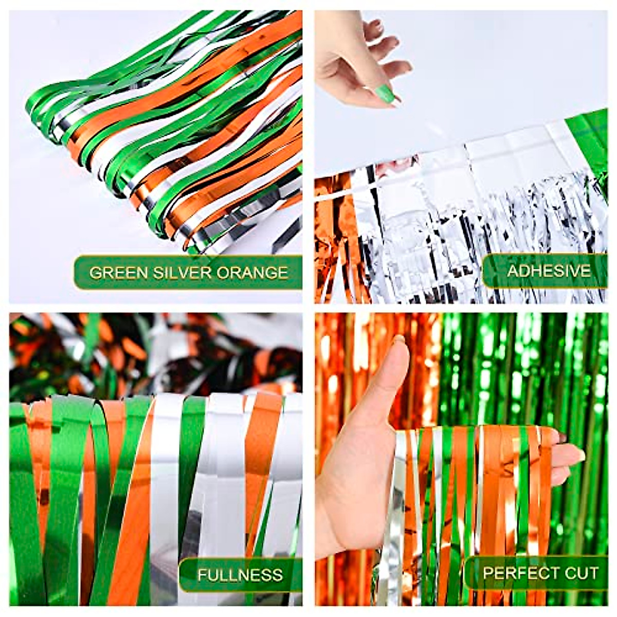 LOLStar 1 Pack St. Patrick's Day Foil Fringe Curtains St Patricks Day Party Decoration 3.3x8.2 ft Green White Orange Tinsel Fringe Curtain Photo Booth Prop Streamer Backdrop for Irish Party Decoration