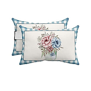 Prime Leader Recliner Head Pillow Ledge Loungers Chair Pillows with Insert Spring Pink Blue Flower Blue White Buffalo Plaid Lumbar Pillow with Adjustable Strap Outdoor Waterproof Patio Pillows, 2 PCS