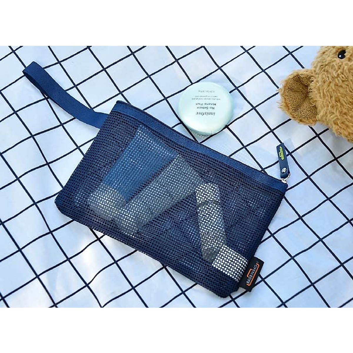 Bags In Bag Mesh Zipper Pouch Makeup Cosmetic Accessories Pencil Case Organizer Mesh Zipper Bags For Storage, Travel, Office (8.6x5.9 in) (Navy)