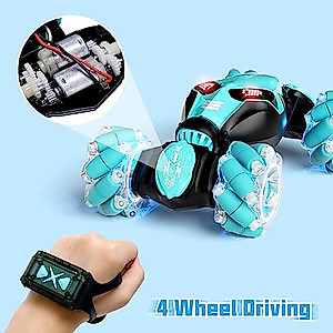 Remote Control Car, Gesture Sensor RC Stunt Cars Toys for Boys Age 6 7 8 9 10 11 12+ Years Old, 2.4GHz 4WD RC Double Sided 360° Flips Off Road Vehicle Toy with Lights/Music, Gifts for Kids Girls Blue