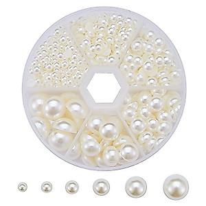 PH PandaHall Craft Pearls Flatback, 690pcs Half Round Pearl Beads 6 Sizes Pearl Cabochon Faux Pearl Beads for DIY Scrapbook Phone Case Wedding Decor Hair Accessory Nail Art, Beige, 4/5/6/8/10/12mm