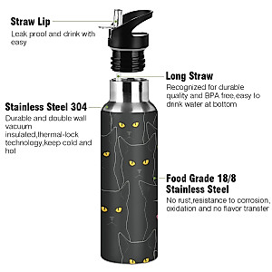 Yasala Water Bottle Black Cat Coffee Thermos Stainless Steel Insulated Beverage Container 20 oz with Straw Lid BPA-Free for Sport, Travel, Camping, Back to School