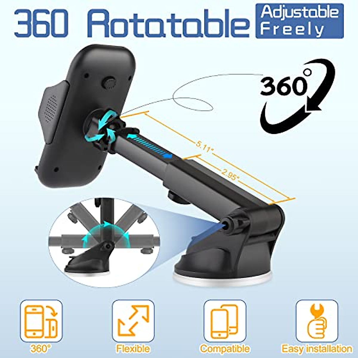 COOLOO Phone Mount for Car, Rotatable Long Arm Suction Cup Car Phone Holder Mount for Dashboard, Air Went, Windshield, Holds All Phones 4-7 inch, 2-in-1 Car Phone Holder…