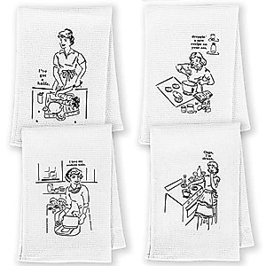 BOMBAXCEIBA Funny Kitchen Towels and Dishcloths Sets of 4,Gift for Mom, New Home Decorative Dish Towels for Women, Waffle Weave Tea Towels for Kitchen (17 x 25 Inches)