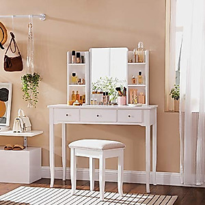 VASAGLE Vanity Set Makeup Dressing Table with Mirror, Cushioned Stool, for Bedroom, 38.6 x 15.9 x 52.6 Inches, White