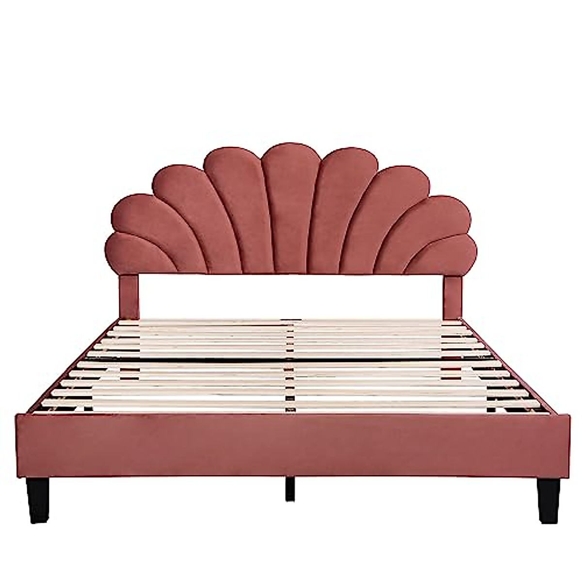 Queen Size Upholstered Platform Bed with Flower Pattern Velvet Headboard, Solid Wood Upholstered Platform Bed Frame with Wood Slats Support for Kids, Teens, Adults (Red Bean Paste-A1)