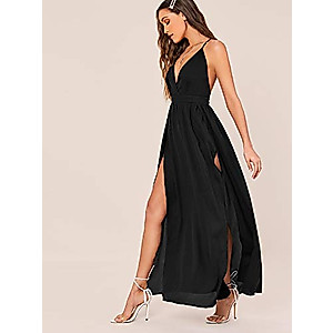 Floerns Women's V Neck Spaghetti Strap Backless Split Cocktail Party Maxi Long Dress A Black M