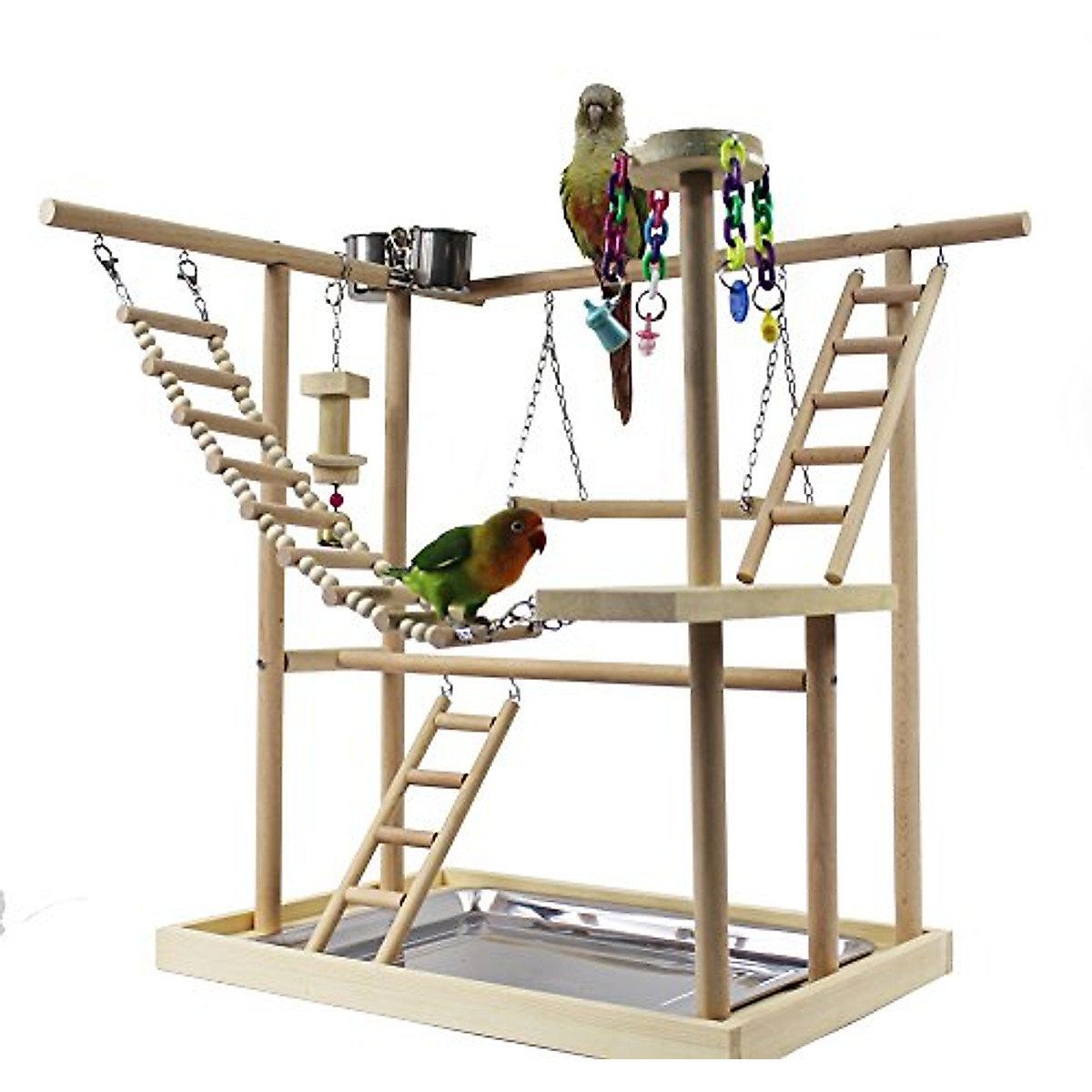 QBLEEV Wood Parrot Playground Perches with Swing,Birds Chewing Climbing Ladder Toys, Bird Training Play Stands Feer Cups for Parakeets Conures Cockatiel Lovebirds (18.7" L *12.8" W *20.87" H)