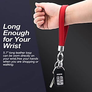 MECHCOS Car Key Fob Keychain Holder Genuine Leather Wristlet Loop Key Chain Circle Carabiner Clip for Men and Women with Anti-Lost D Ring, Screwdriver, 4 Key Rings, 360 Degree Rotatable, Red