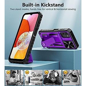 FNTCASE Case for Samsung Galaxy A14-5G: Military Grade Drop Proof Protection Rugged Protective A14 Cell Phone Cover with Built-in Kickstand & Slide - Shockproof TPU Matte Textured Tough Cases - Purple