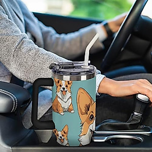 LPSADGF Corgi Cute Dog Insulated Stainless Steel Travel Mug, 40 Oz Tumbler with Handle And Straw Double-Wall Vacuum Coffee Cup, Leak-Proof Lid, Keeps Drinks Hot/Cold for Hours