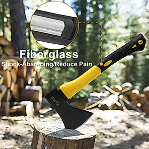 KURUI Wood Chopping Axe with Sheath, 15” Outdoor Camping Hatchet for Cutting and Kindling, Camp Splitting Axe with Fiber Glass Shock-Absorbent Anti-Slip Handle