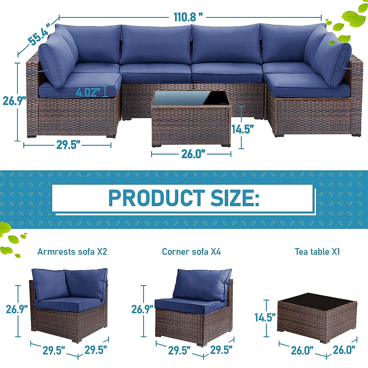 LAFWELL 7 Pieces Outdoor Patio Furniture Sets,Rattan Conversation Sectional Set,Manual Weaving Wicker Patio Sofa with Tea Table