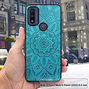 Harryshell Detachable Magnetic Zipper Wallet Leather Case with Cash Coin Pocket 12 Card Slots Holder Wrist Strap Lanyard for Motorola Moto G Pure/Moto G Power 2022 Flower (Blue Green)